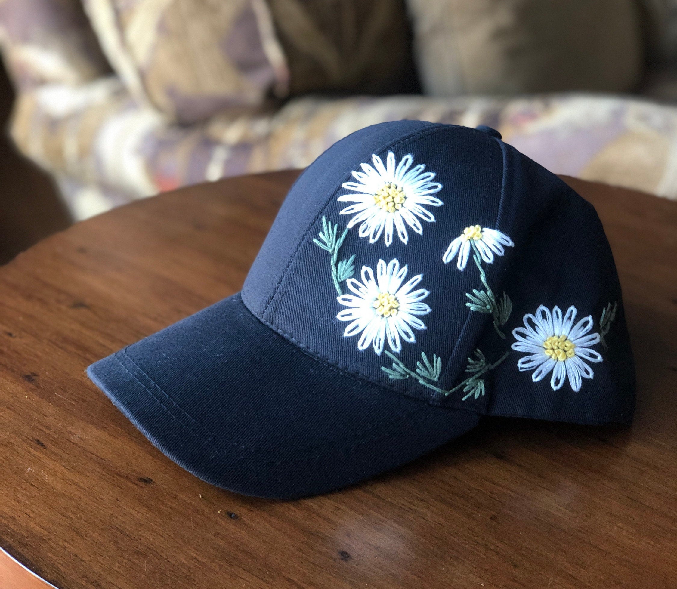 Hand Embroidered Daisy Flower Hat (baseball Cap) - Etsy