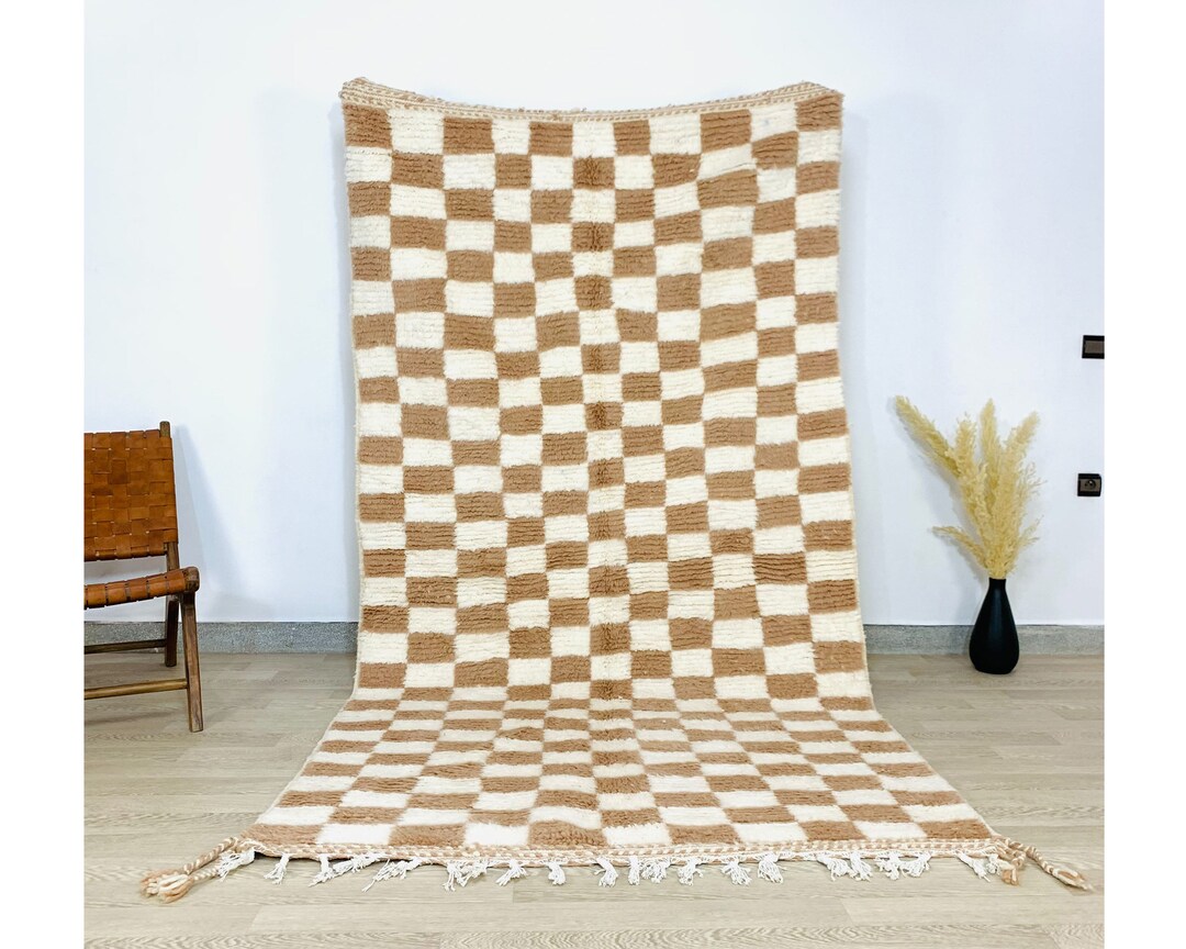 Beige and White Checkered Rug, Moroccan Checkered Rug, Beige Checkered ...
