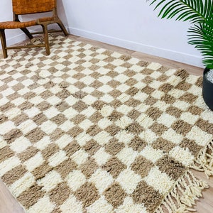Beige and White Checkered Rug, Moroccan Checkered Rug, Brown Checkered ...