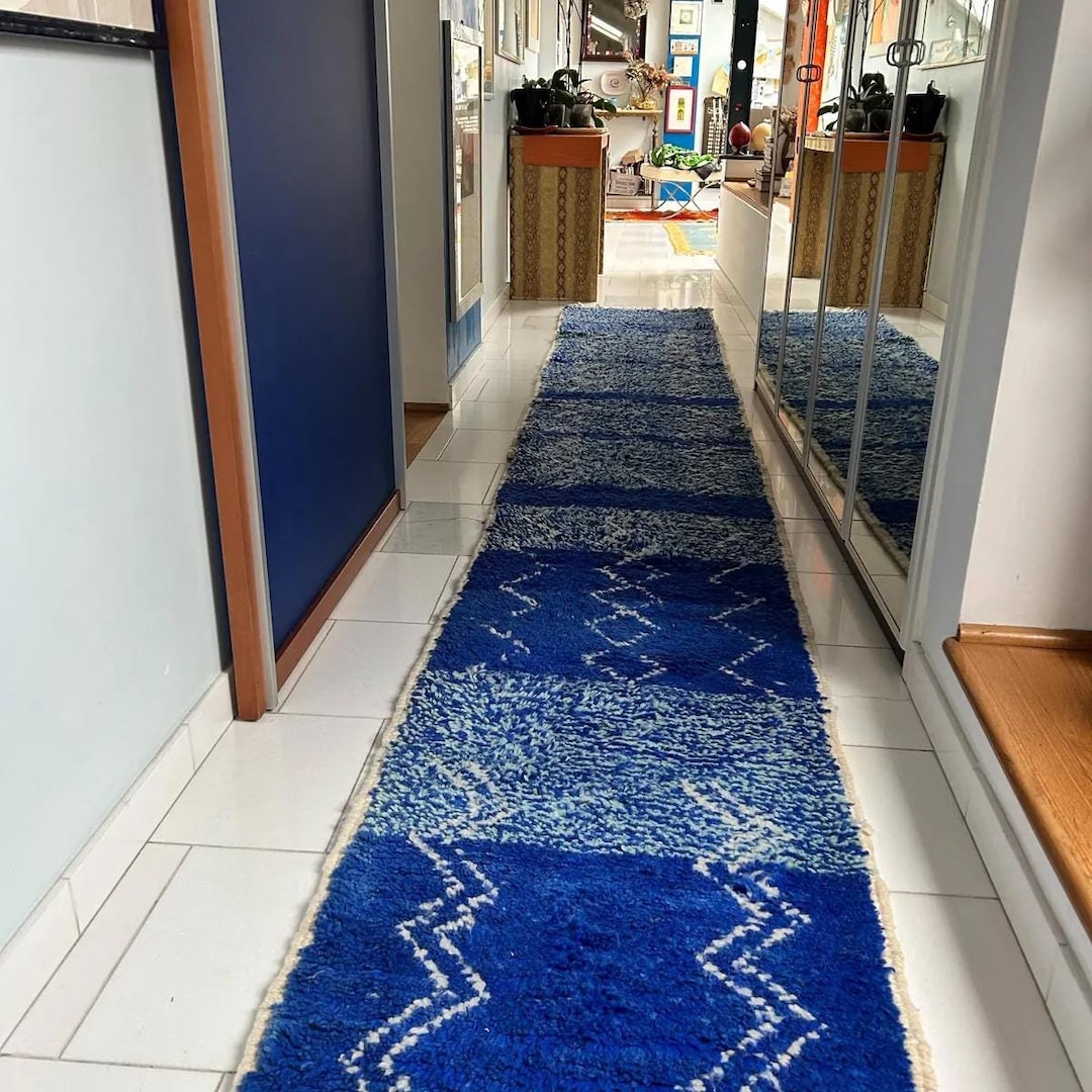 Authentic Moroccan Blue Beni Ourain Runner With White Berber Symbols ...