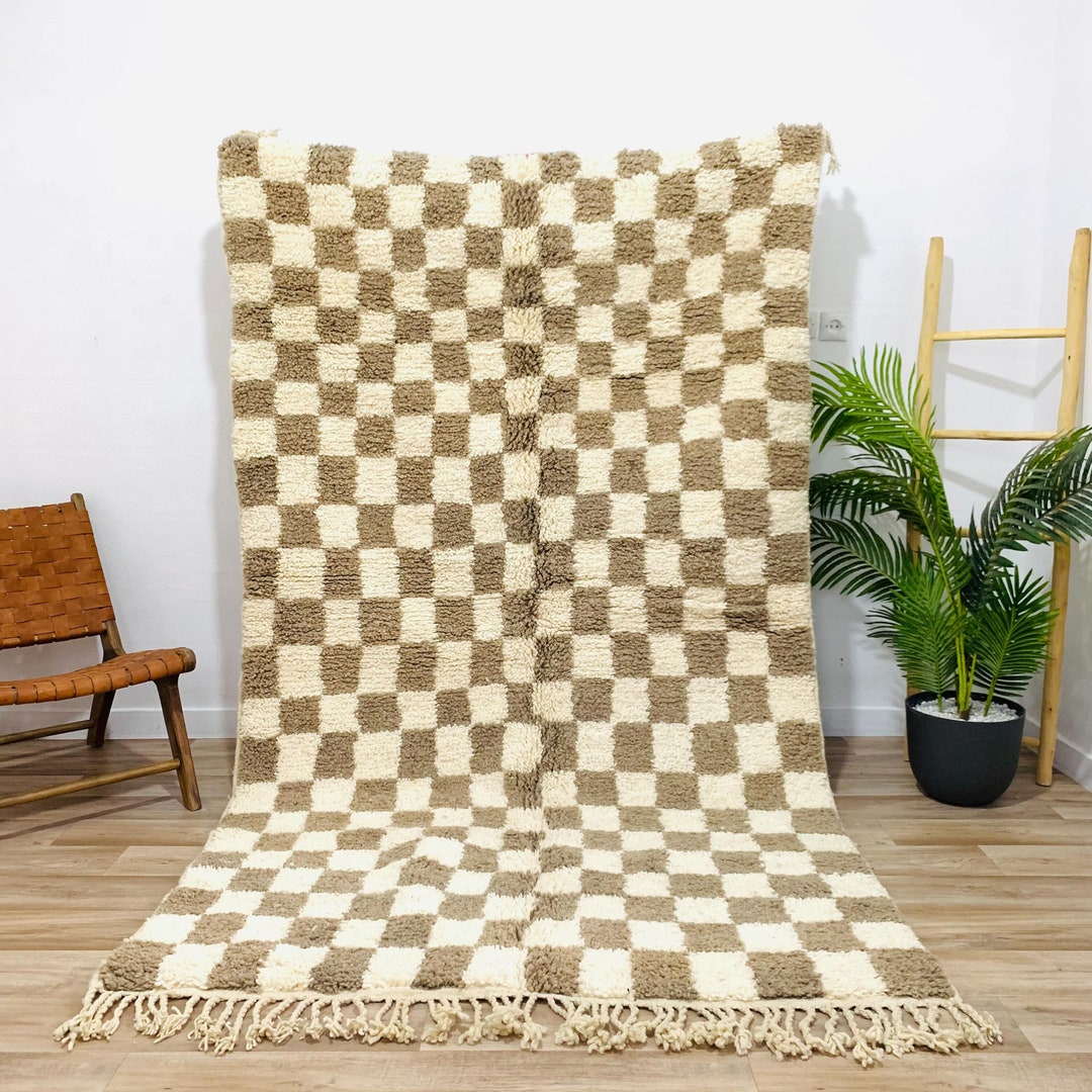 Beige and White Checkered Rug, Moroccan Checkered Rug, Brown Checkered ...