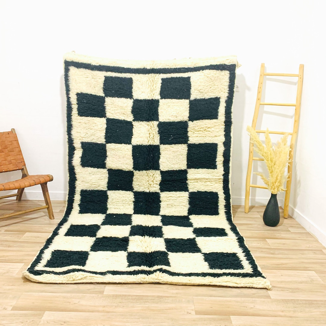 Large Black and White Checkered Moroccan Rug, Authentic Beni Ourain ...