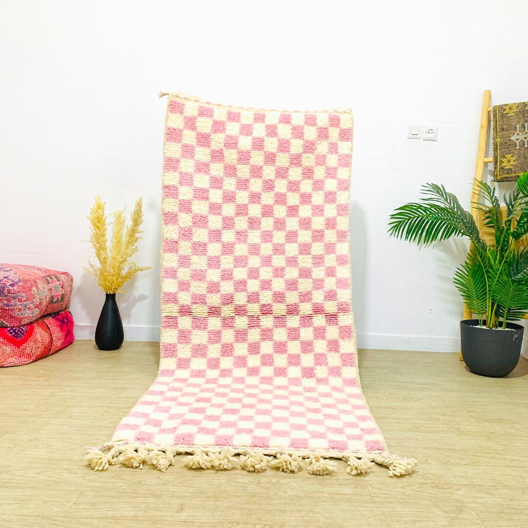 Pink and White Checkered Runner, Moroccan Checkered Rug, Pink Checkered ...