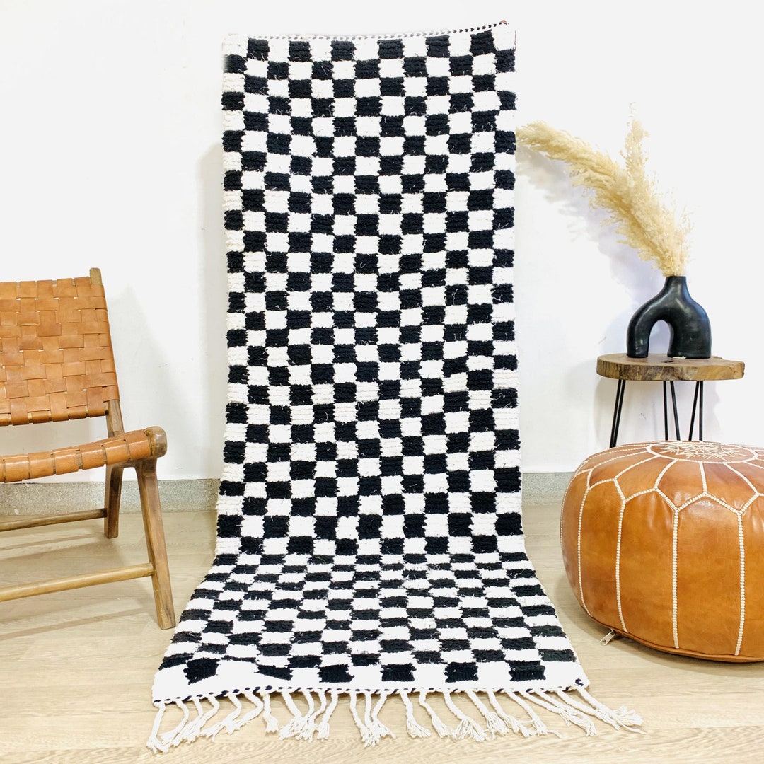 Black and White Checkered Runner 2x6ft, Checkered Cotton Rugs, Hand ...