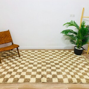 Beige and White Checkered Rug, Moroccan Checkered Rug, Brown Checkered ...