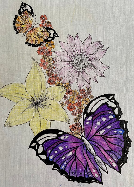 Butterfly and Flower Drawing - Etsy