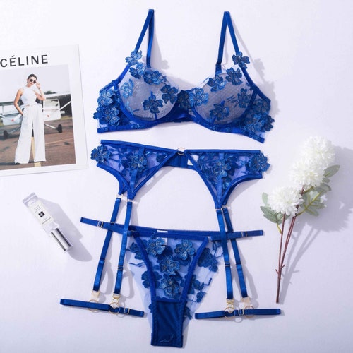 Floral Lace Lingerie Embroidered Lingerie Set Blue Lingerie Etsy