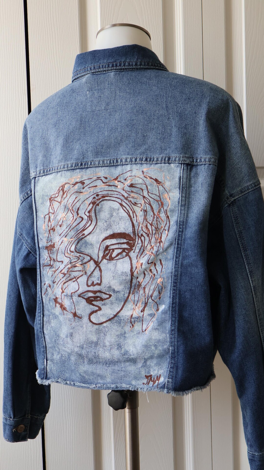 Upcycled Hand Painted Woman's Jean Jacket, Painted Face, Modern Art ...