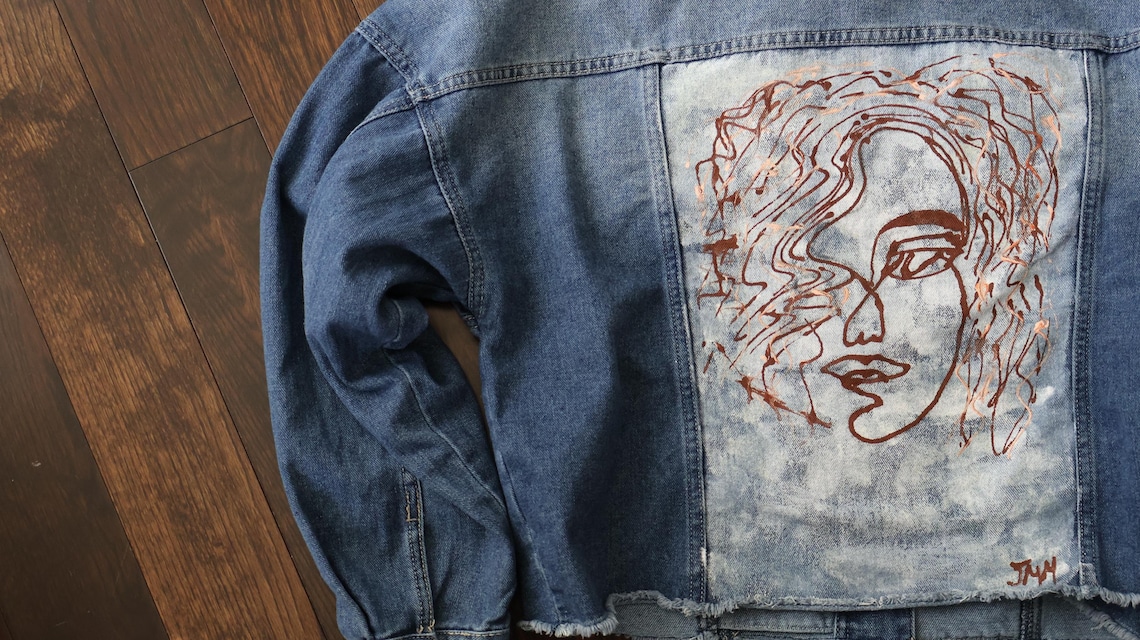 Upcycled Hand Painted Woman's Jean Jacket, Painted Face, Modern Art ...