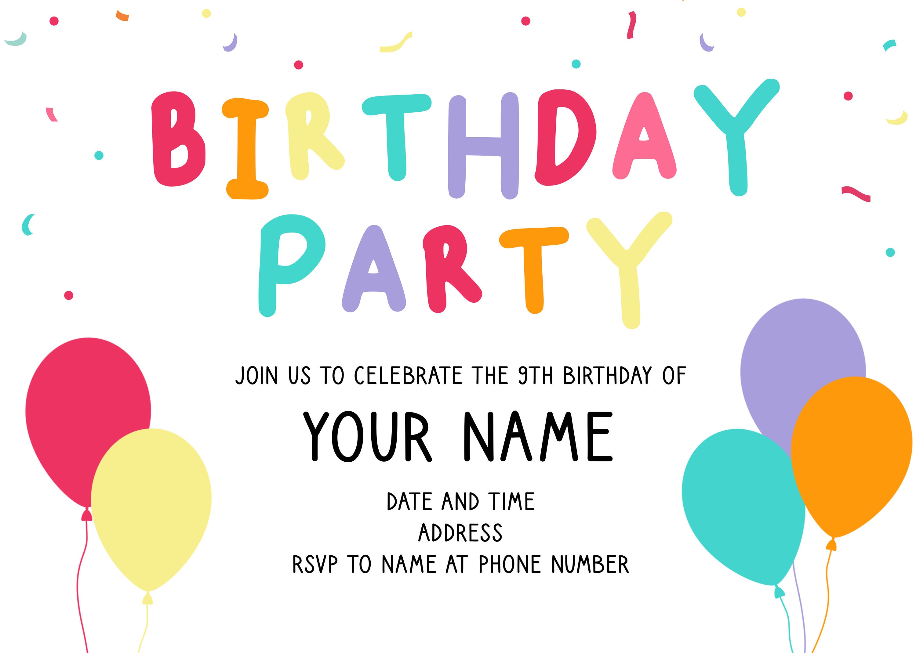 Custom Printable 9th Birthday Invitation, Downloadable 9th Birthday ...