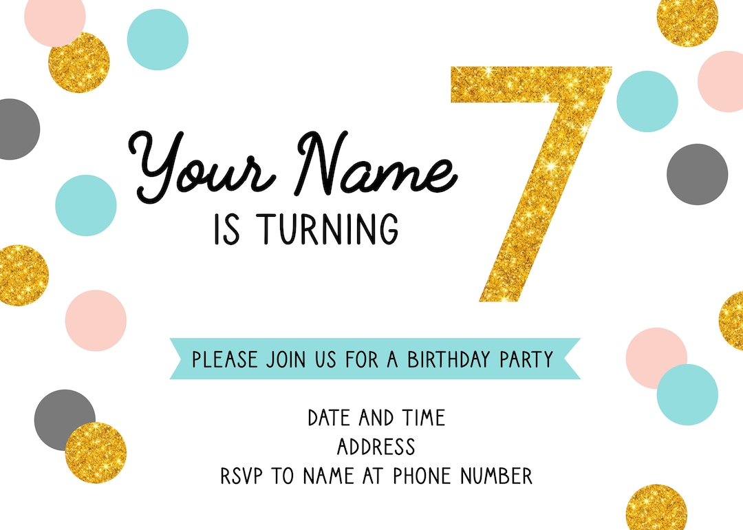 Custom Printable 7th Birthday Invitation Downloadable 7th Birthday