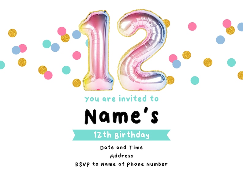 Custom Printable 12th Birthday Invitation, Downloadable 12th Birthday ...