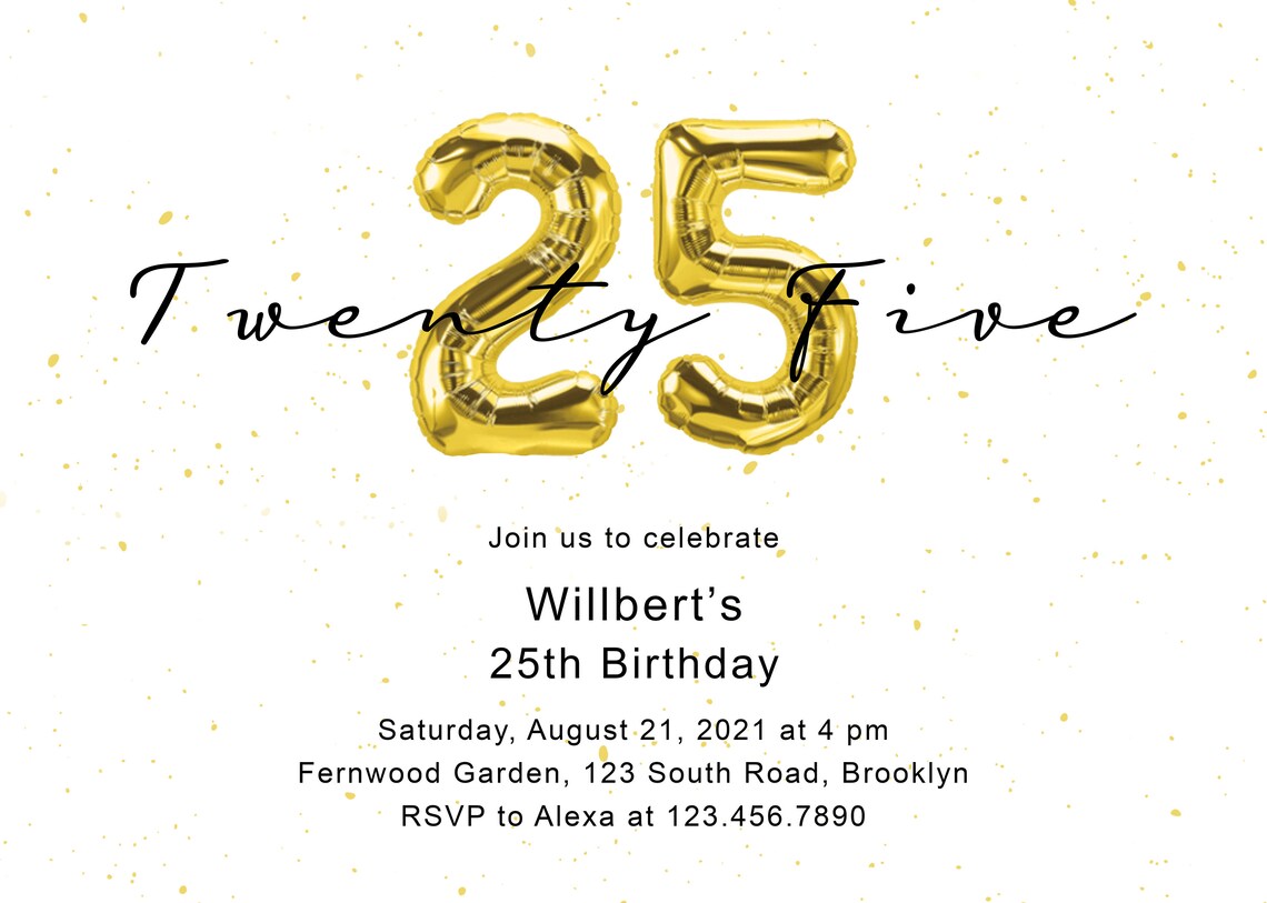 Custom Printable 25th Birthday Invitation, Downloadable 25th Birthday ...