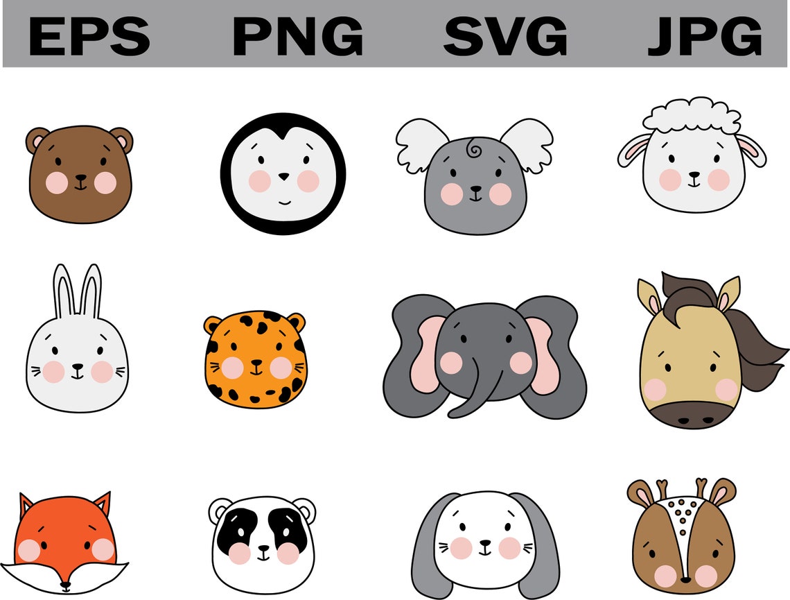 Animal Face Clipart, Animal Head Clipart, Animal Head Print, Baby ...