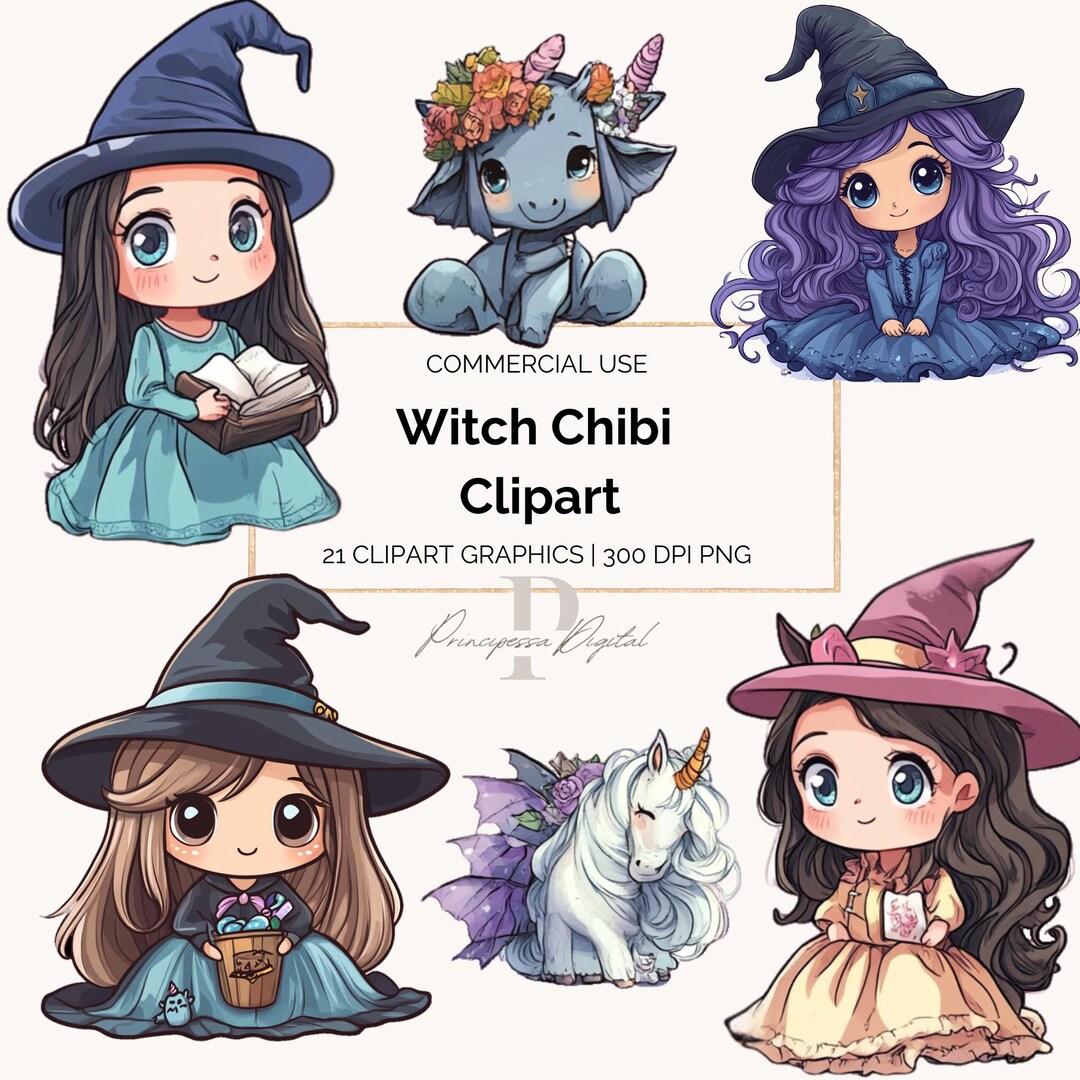 Adorable Witch Chibi Clipart Set Halloween Digital Download, Kawaii ...