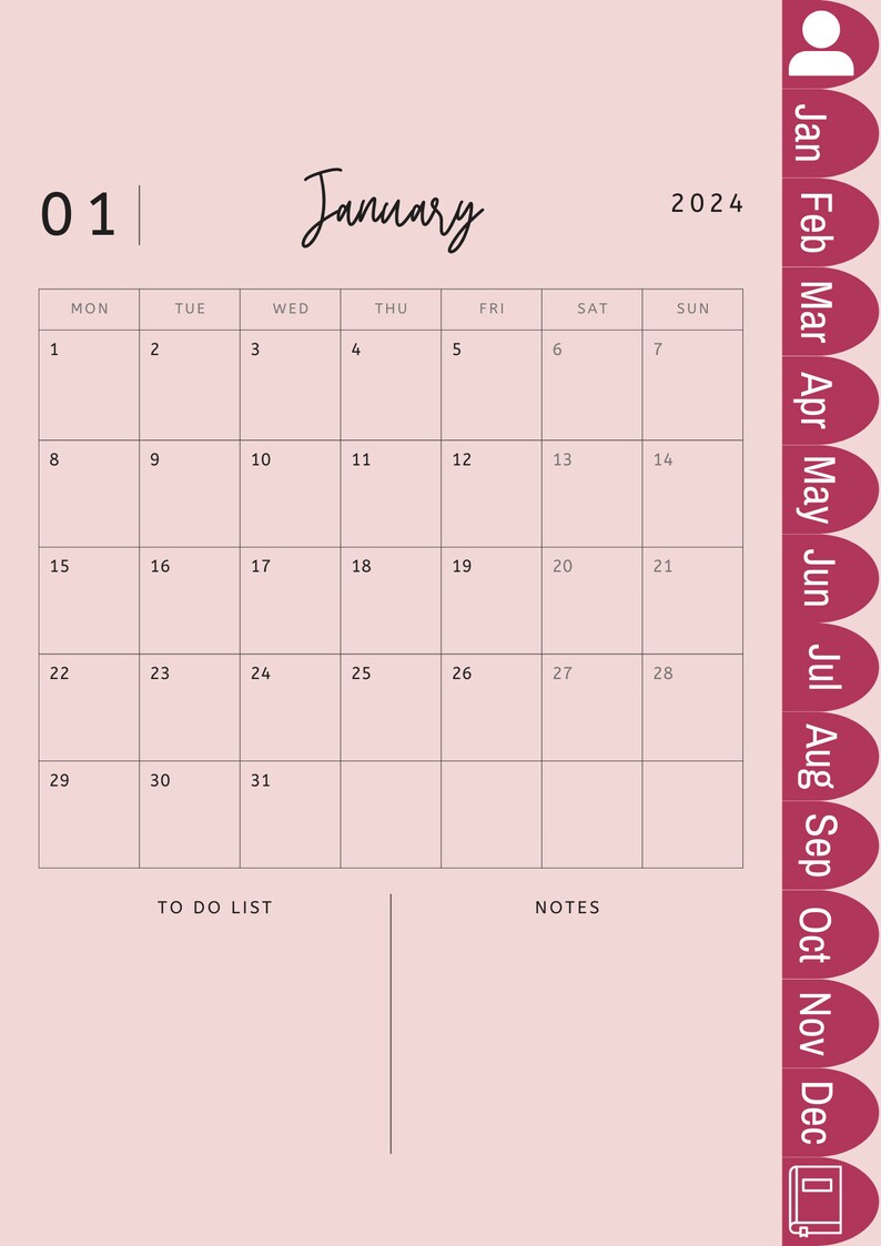 Blush Pink Monthly Digital Planner Customizable 2024 Organiser - Etsy