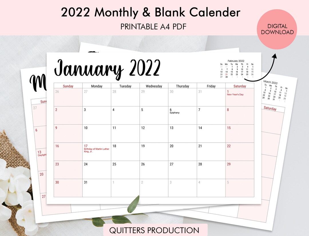 2022 Blank Monthly Calendar Digital Download, 12 Month Calendar, A4 ...