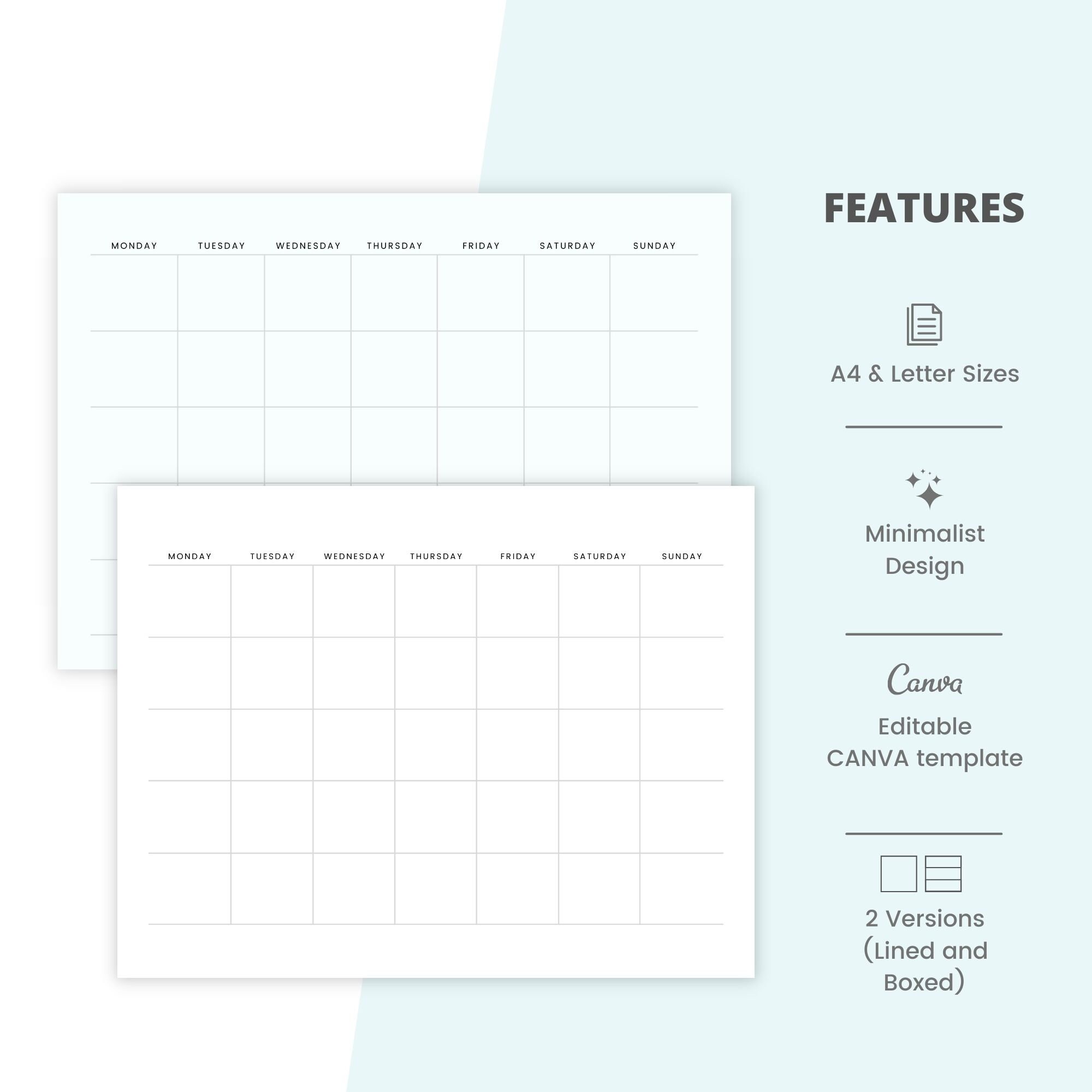 Blank Monthly Calendar Printable Landscape, Minimalist Calendar ...