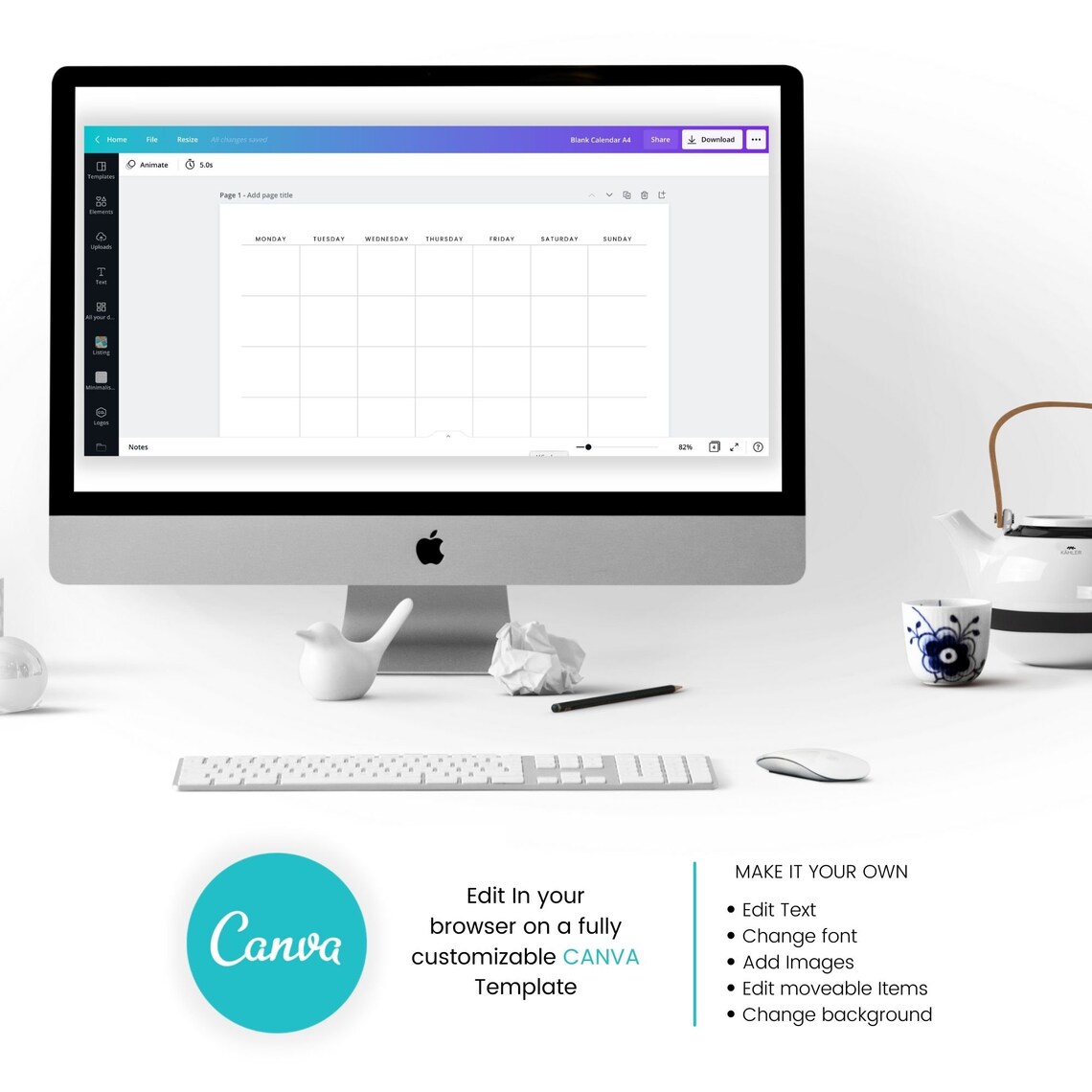 Blank Monthly Calendar Printable Landscape, Minimalist Calendar ...