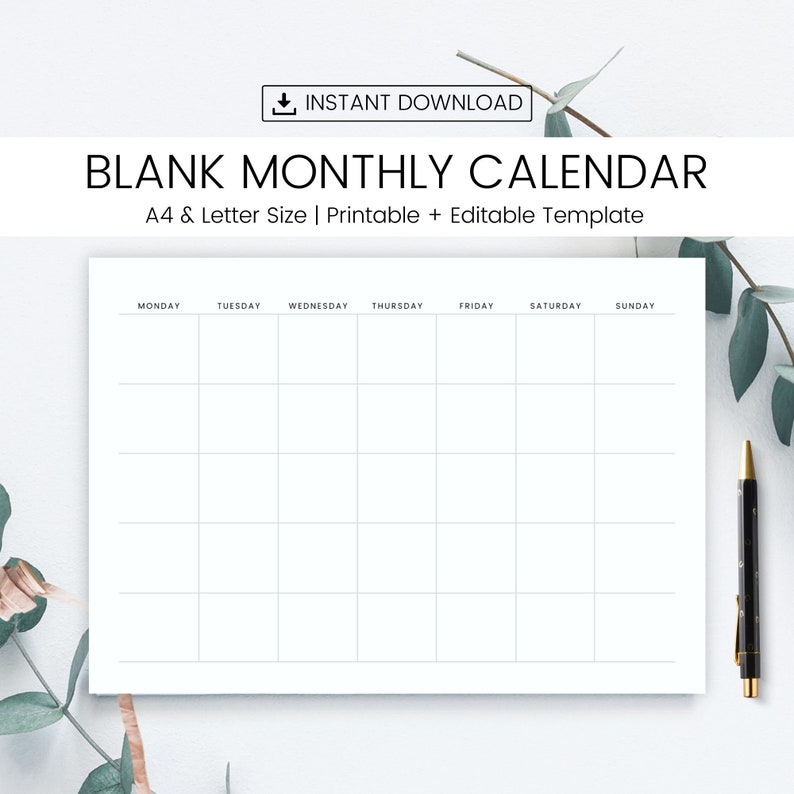 Blank Monthly Calendar Printable Landscape, Minimalist Calendar ...