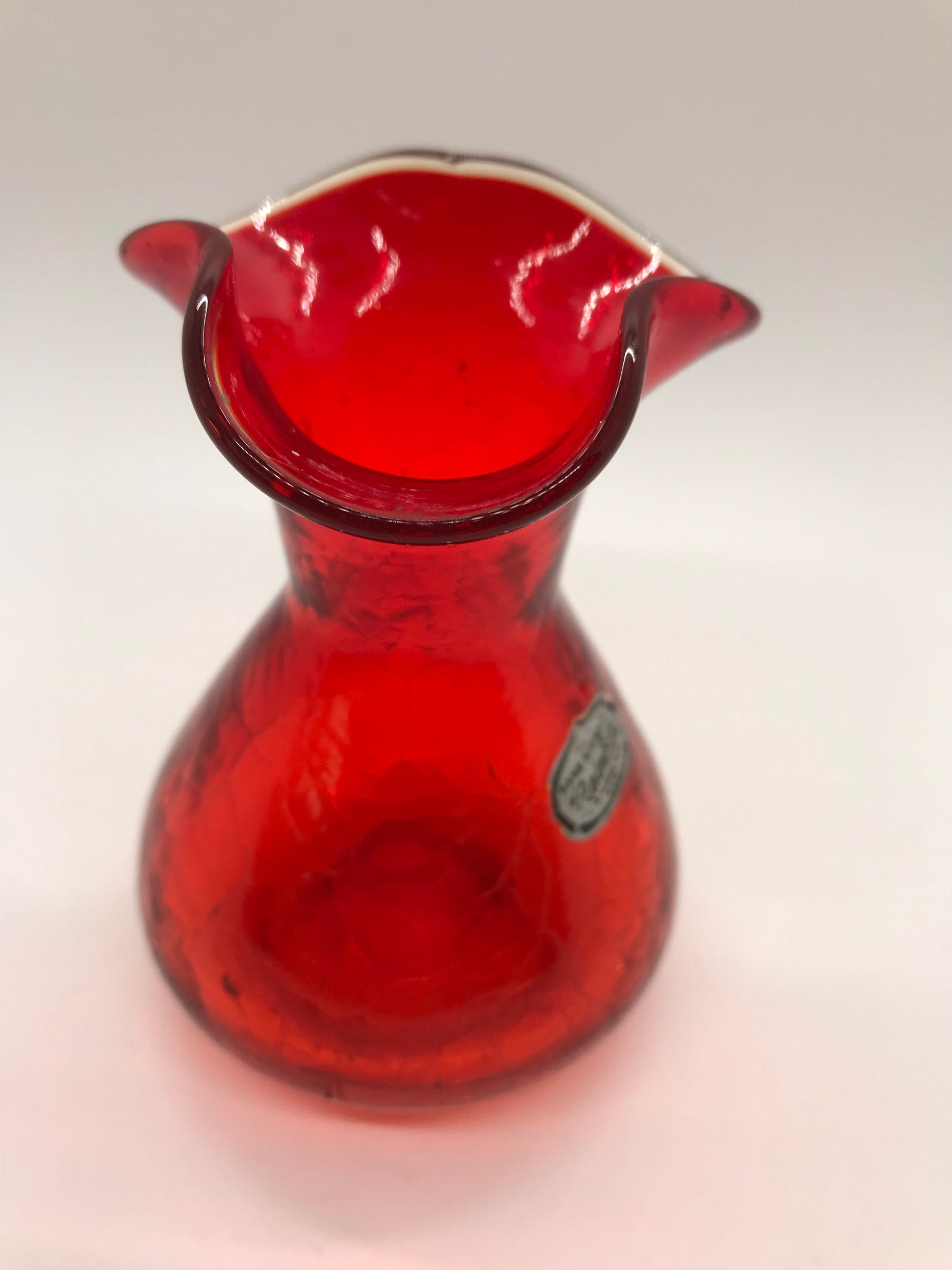 Vintage 1960-70's Ruby Red Handblown Crackle Glass Frilly Bud Vase by ...