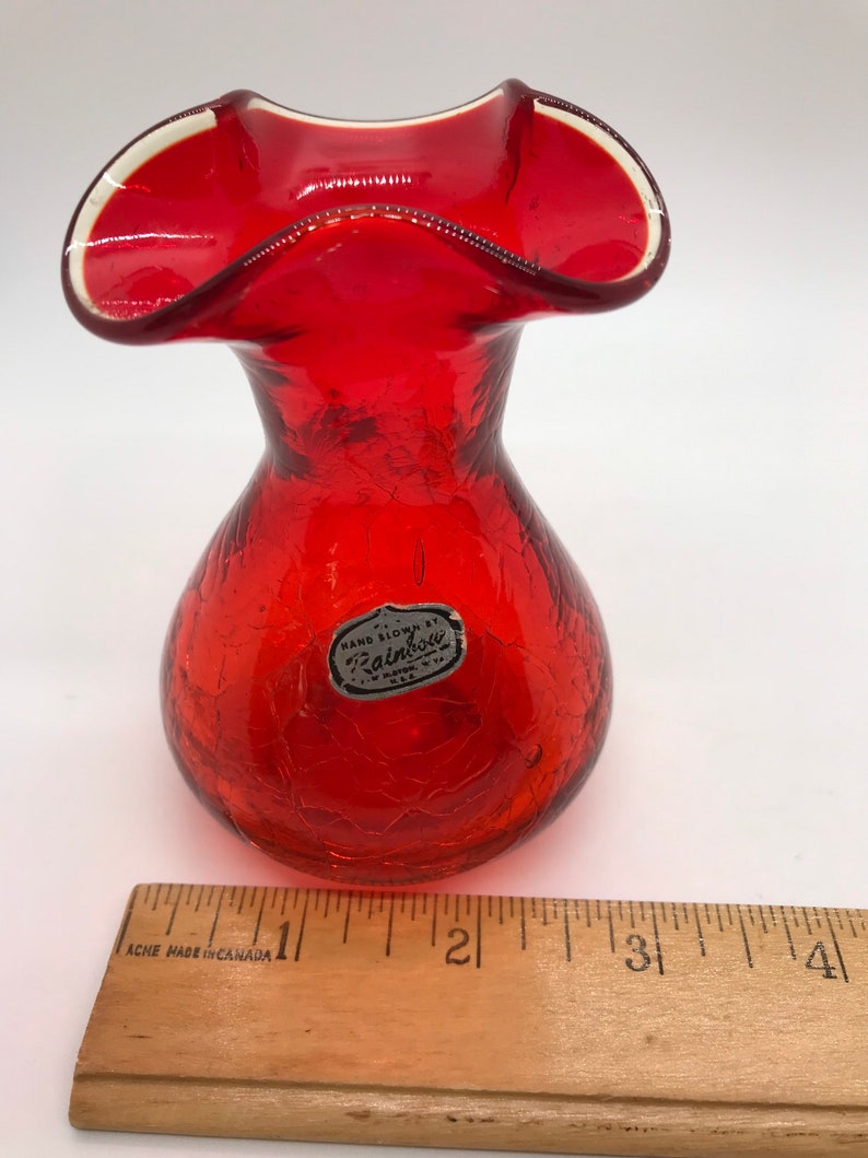 Vintage 1960-70's Ruby Red Handblown Crackle Glass Frilly Bud Vase by ...