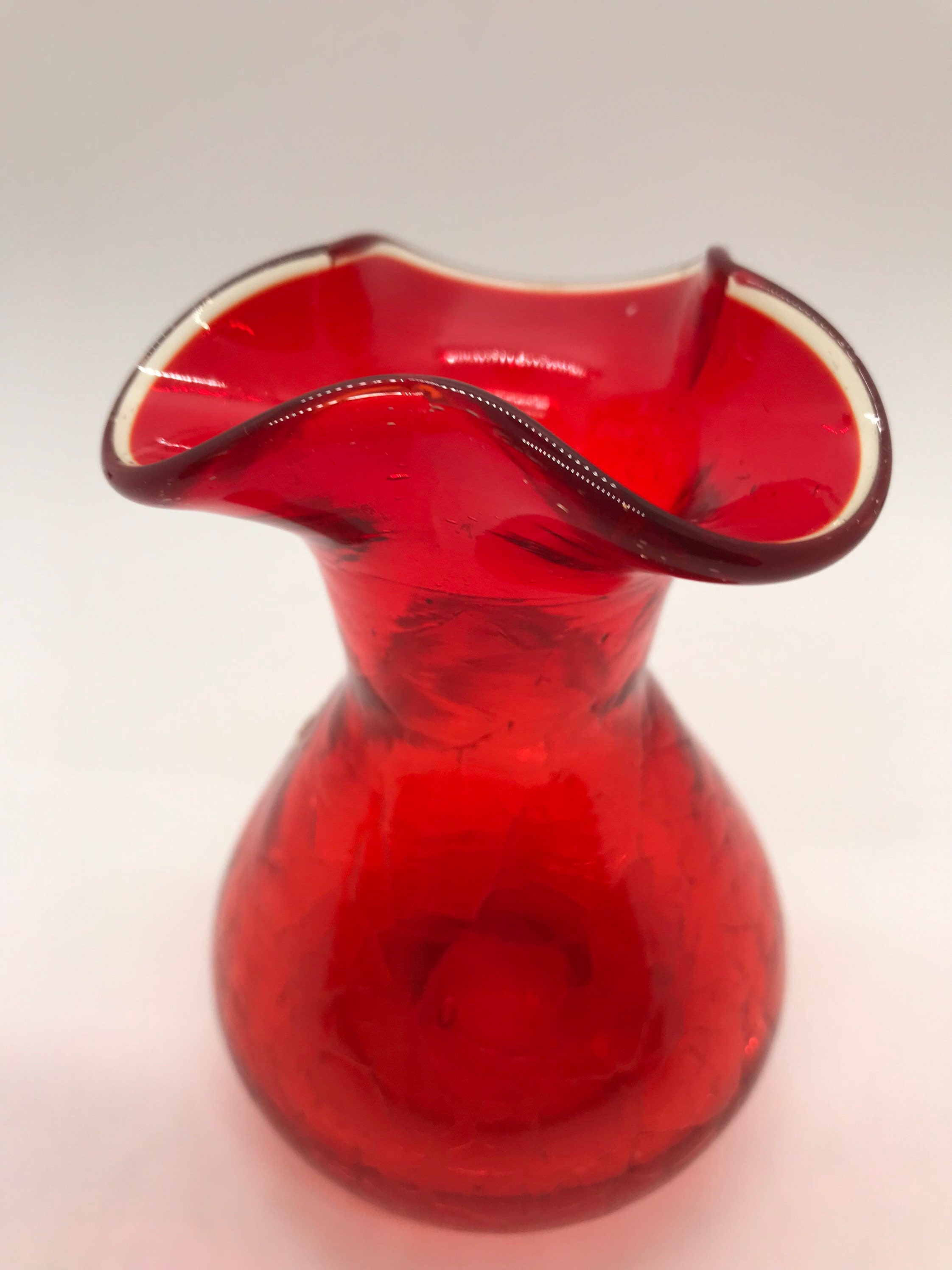 Vintage 1960-70's Ruby Red Handblown Crackle Glass Frilly Bud Vase by ...