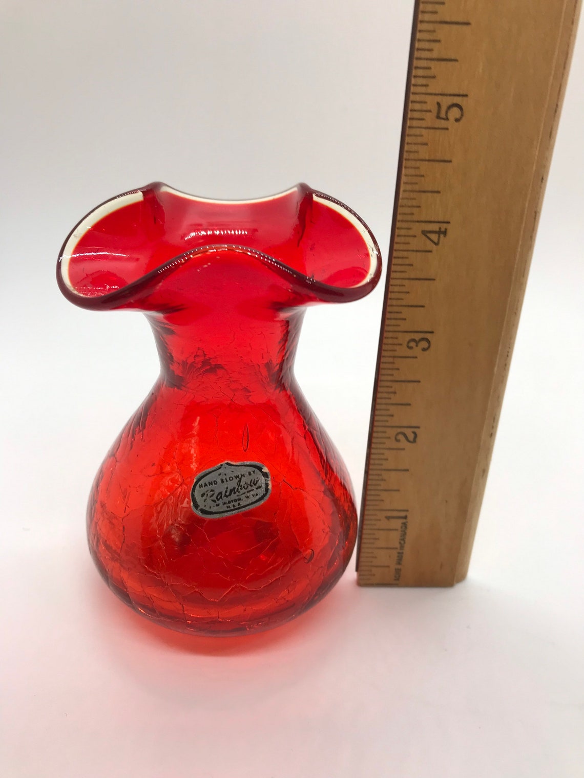 Vintage 1960-70's Ruby Red Handblown Crackle Glass Frilly Bud Vase by ...