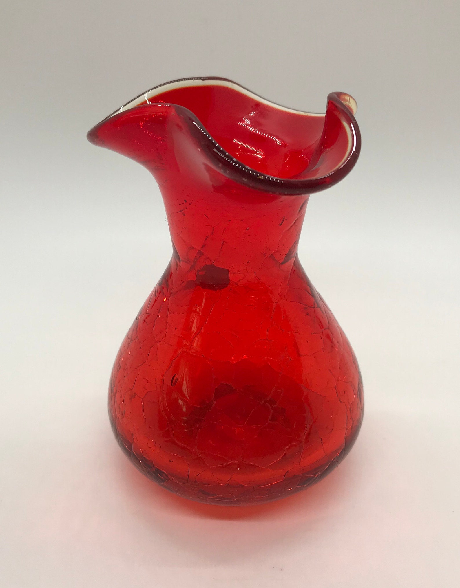 Vintage 1960-70's Ruby Red Handblown Crackle Glass Frilly | Etsy