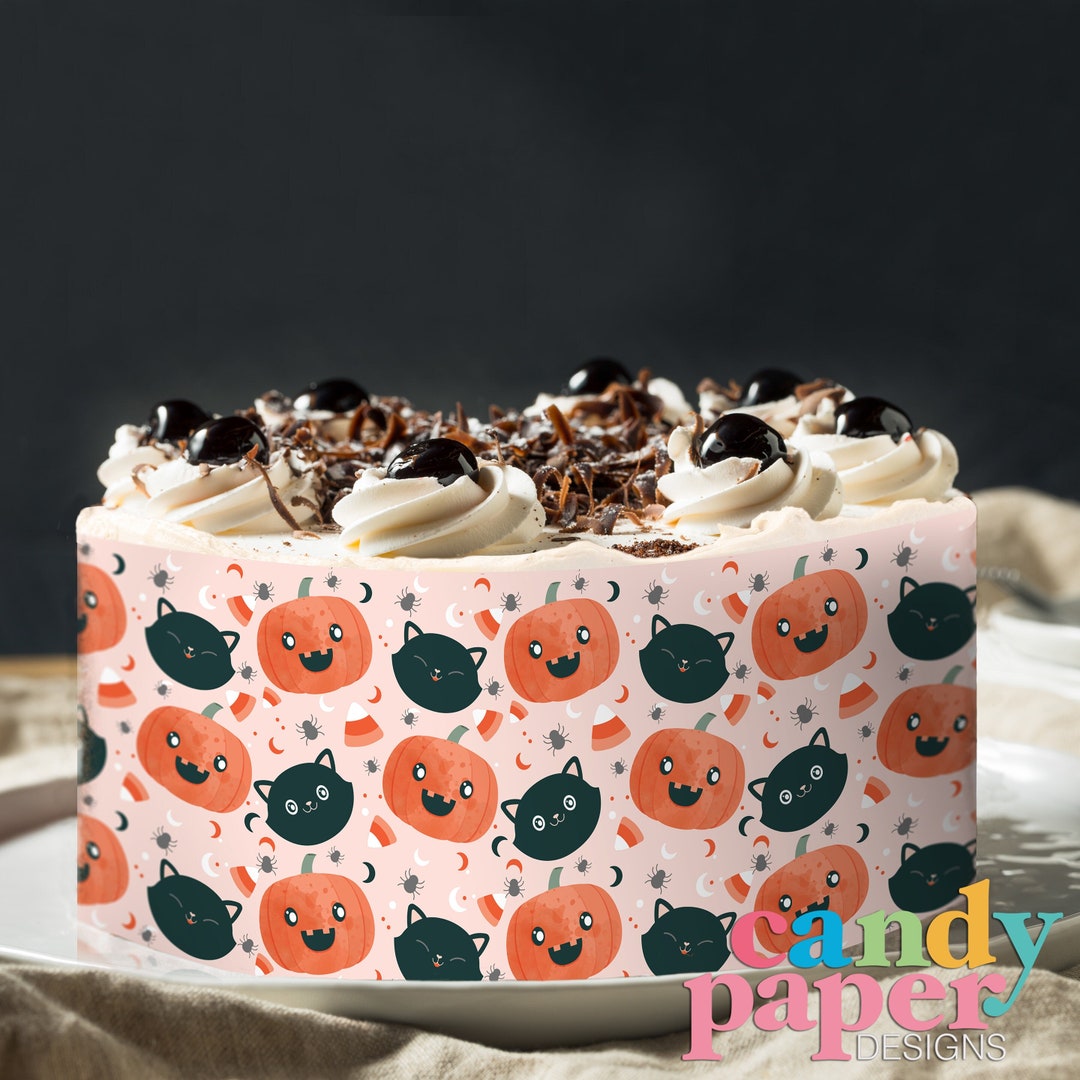 Pumpkins and Cats Edible Cake Topper, Halloween Edible Cake Wrap ...
