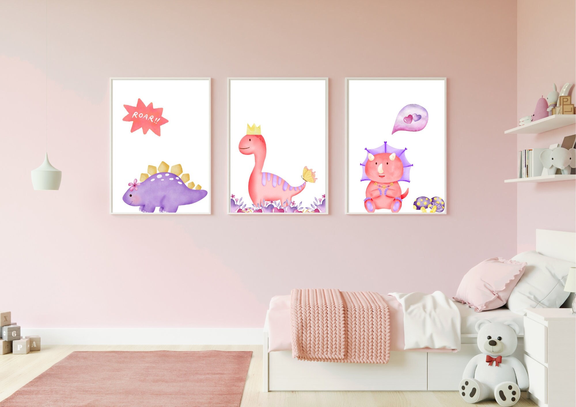 Pink Watercolor Dinosaur Nursery Print Floral Girl Room Wall Art ...
