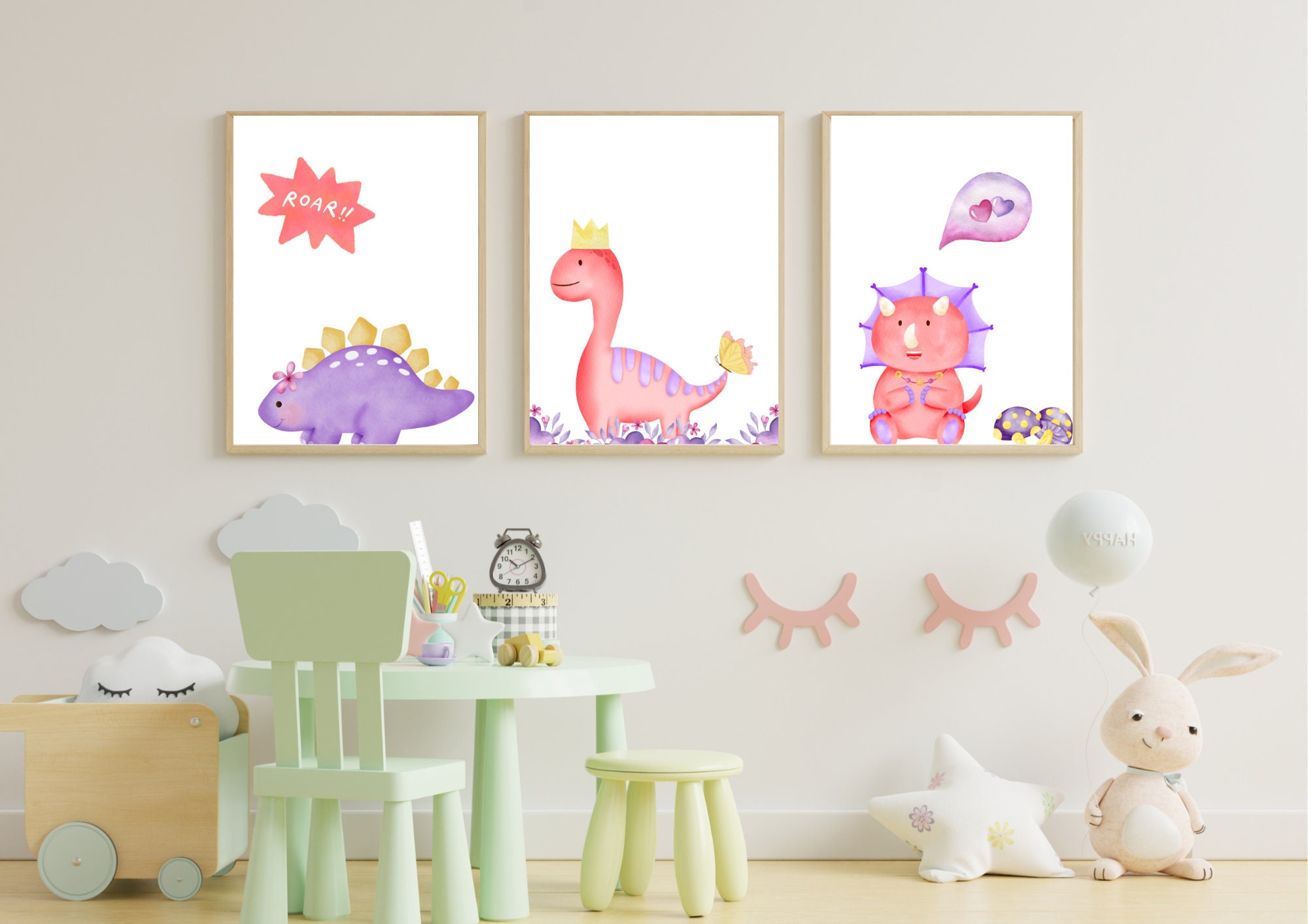 Pink Watercolor Dinosaur Nursery Print | Floral Girl Room Wall Art ...