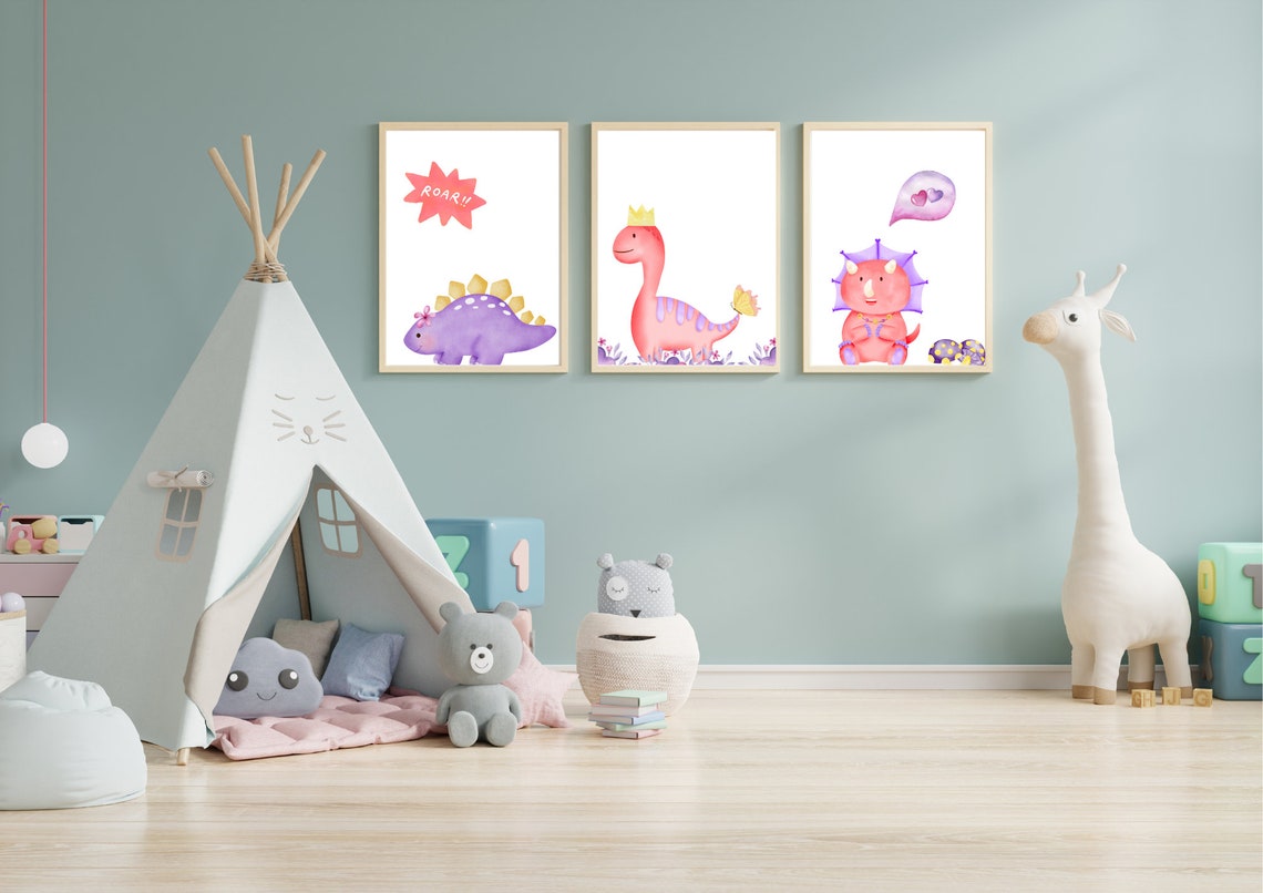 Pink Watercolor Dinosaur Nursery Print | Floral Girl Room Wall Art ...