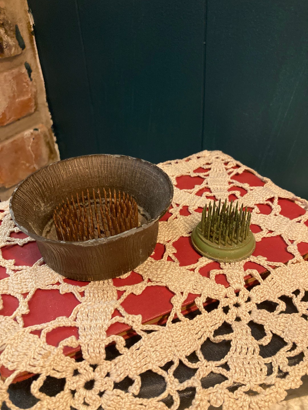 Vintage Cast Iron Flower Frog With Wall, Small Flower Frog, Set of Two ...