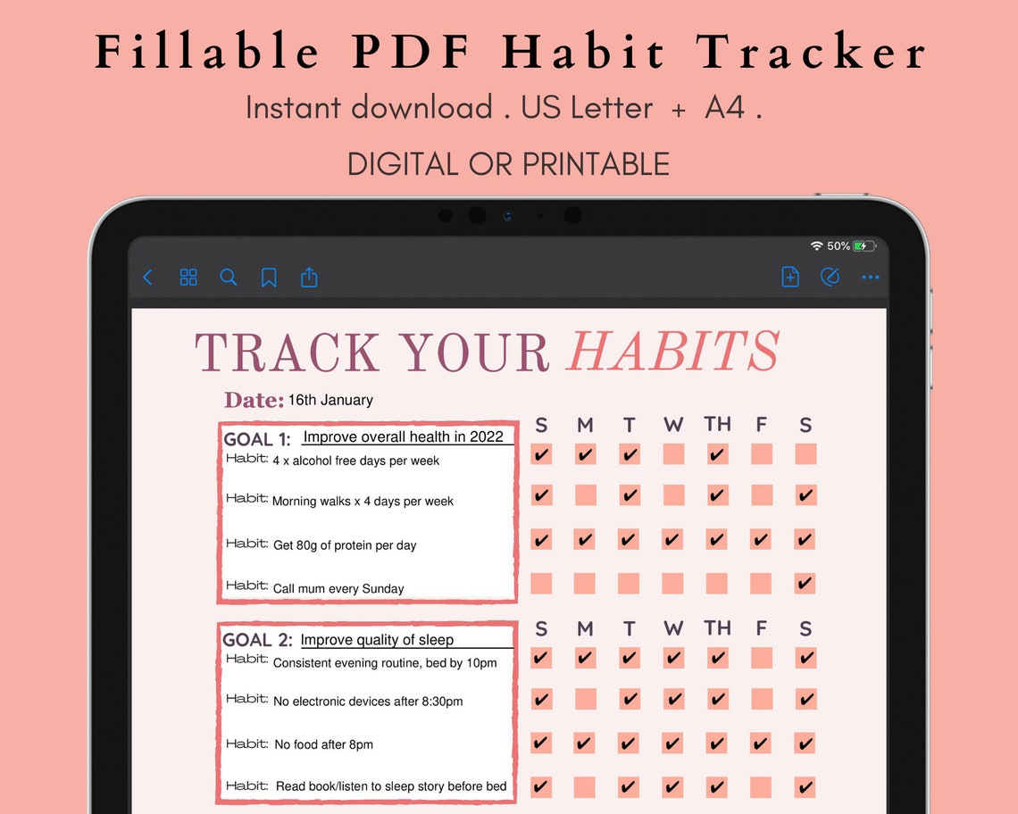 Habit Tracker PDF Worksheet. Fillable. Digital. Editable. Printable. - Etsy