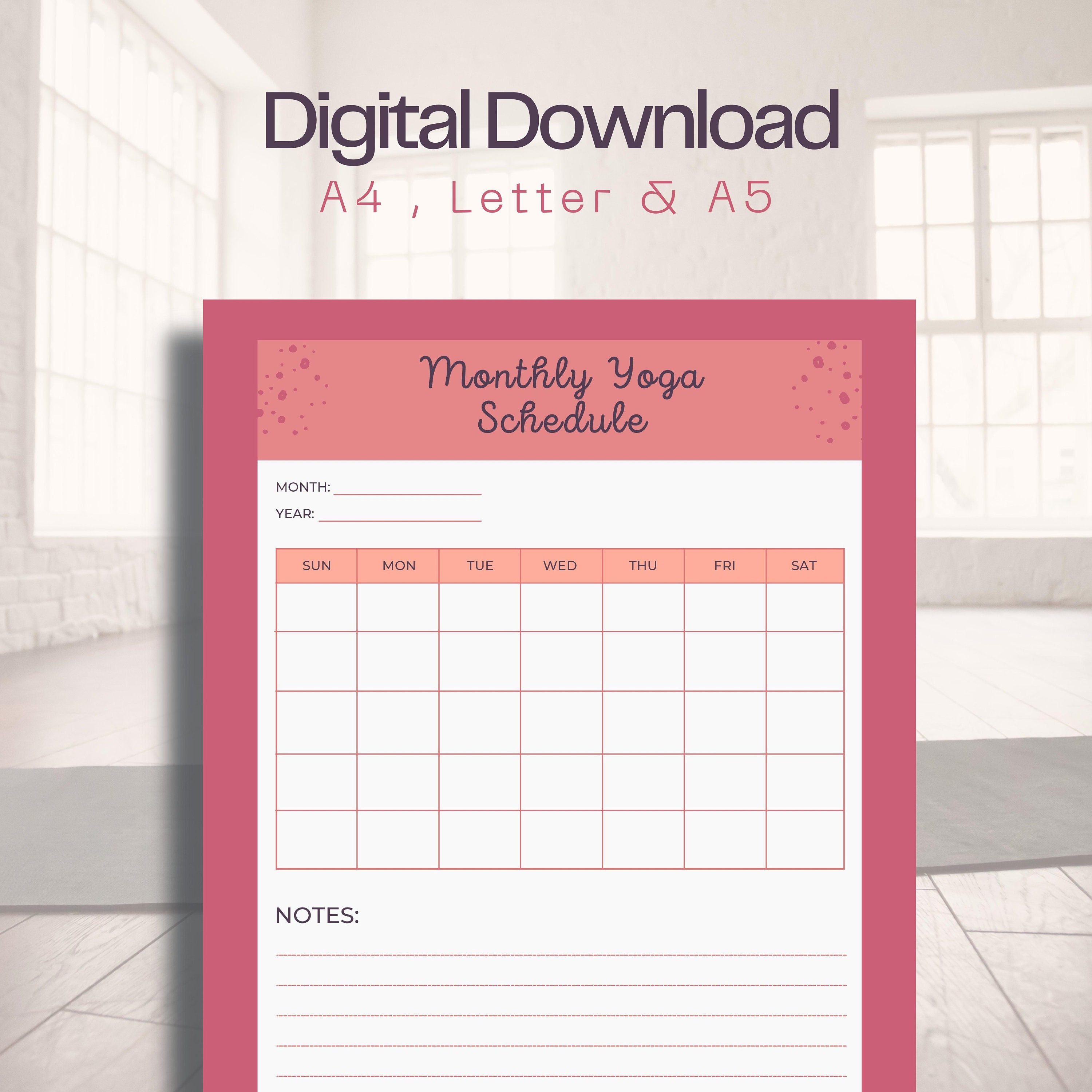 Printable Monthly Yoga Schedule. Digital Download. A4, Letter & A5 ...