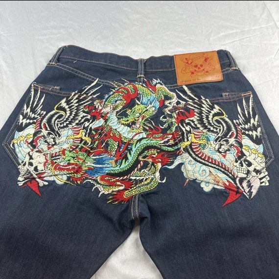 Ed Hardy Jeans Dragon Fight Back skull embroidery - Gem