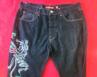 Ed Hardy Tiger Embroidered Jeans Dark Blue Y2K Tiger Patch Embroidered ...