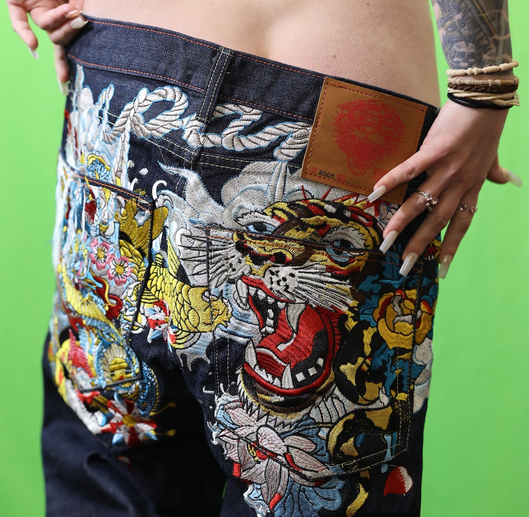 Ed Hardy Japan Tiger Geisha Embroidery Denim Tiger Jeans Size 38 Button ...