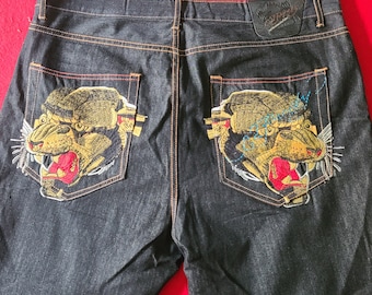 Ed Hardy Tiger Embroidered Jeans Dark Blue Y2K Tiger Patch Embroidered ...