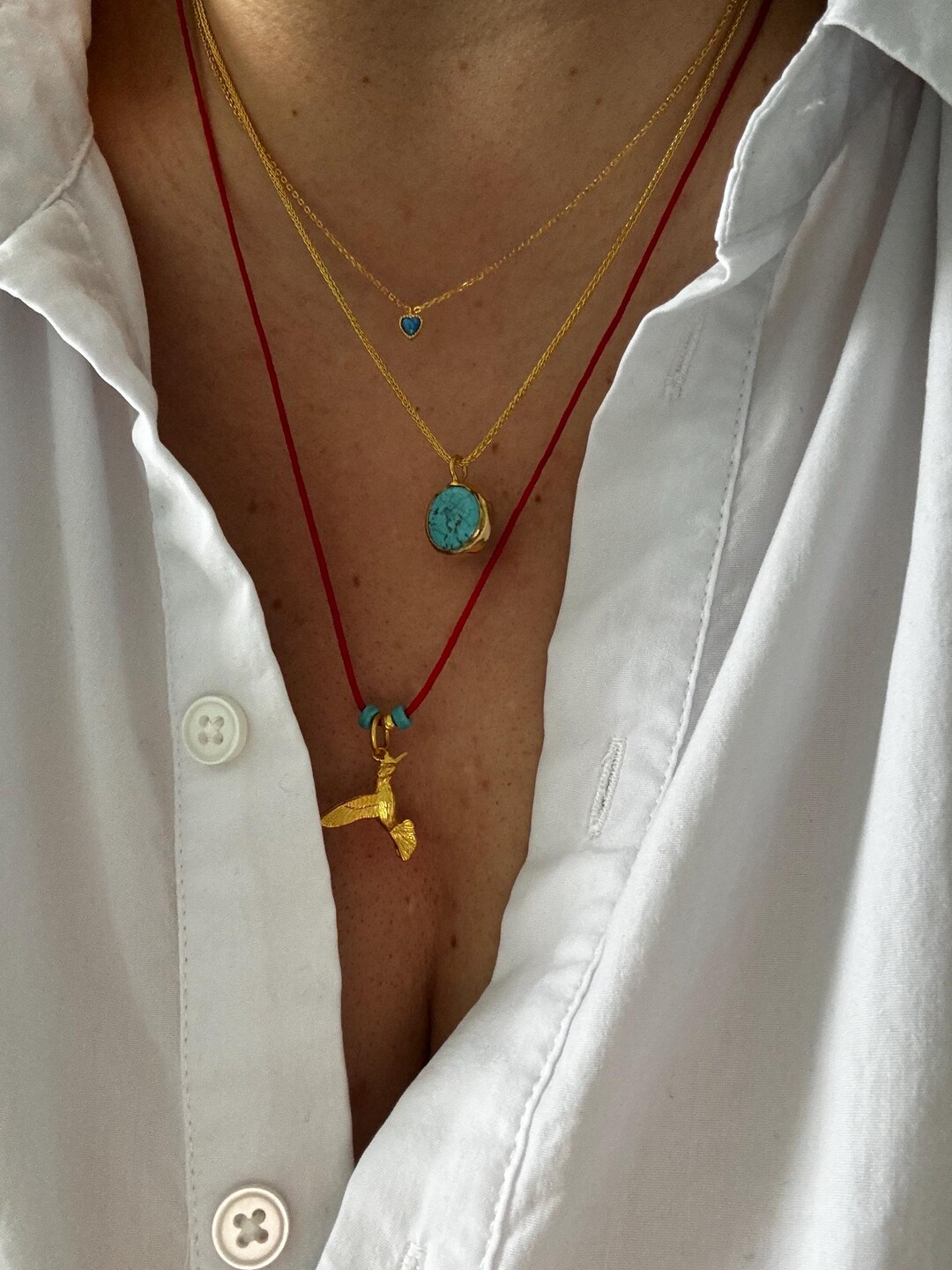 Gold Hummingbird Necklace - Sterling Silver Lucky Bird on Red Cord ...