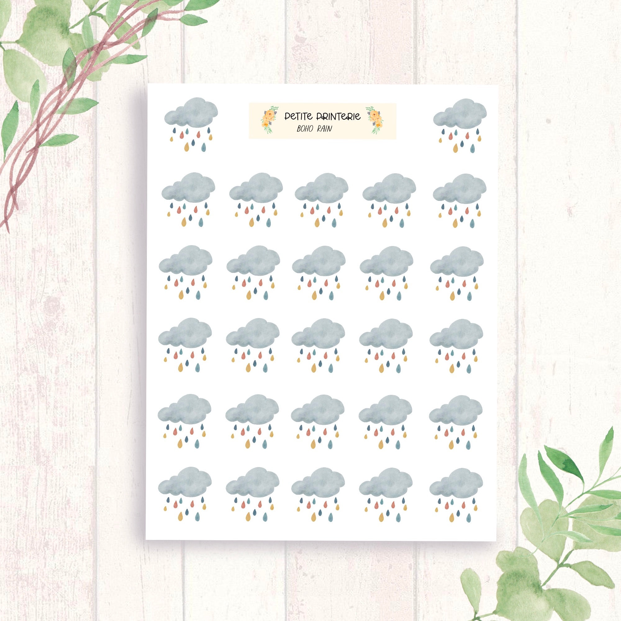 Boho Rain Sticker Sheet, Rain Stickers, Cloud Stickers, Weather ...