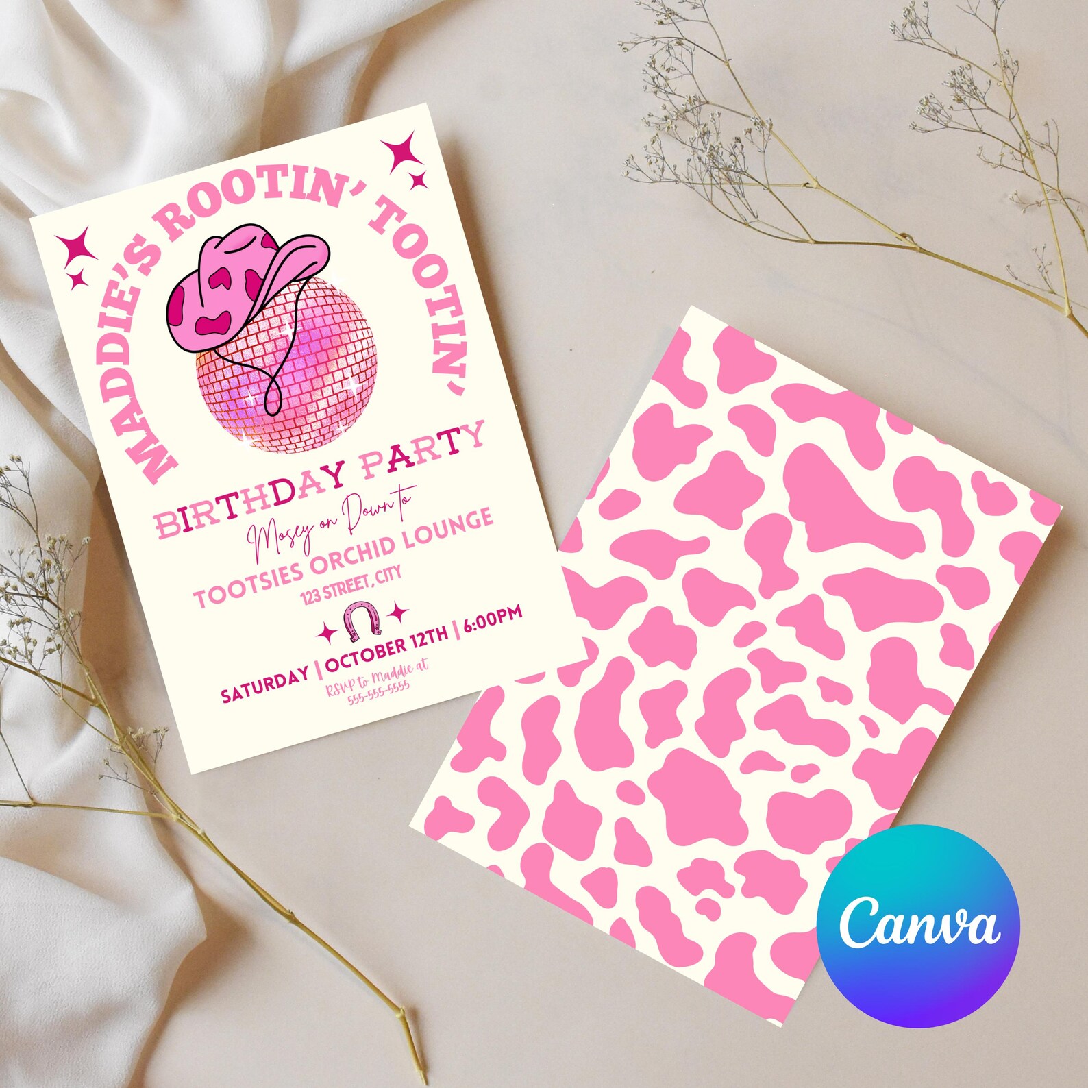 Cowgirl Birthday Invitation | Pink Disco Western Party Template | 5x7 ...