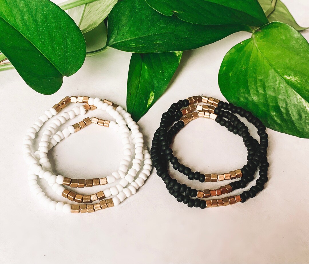 Beaded Stacking Bracelets: Black, White & Gold - Set of 3 - Etsy