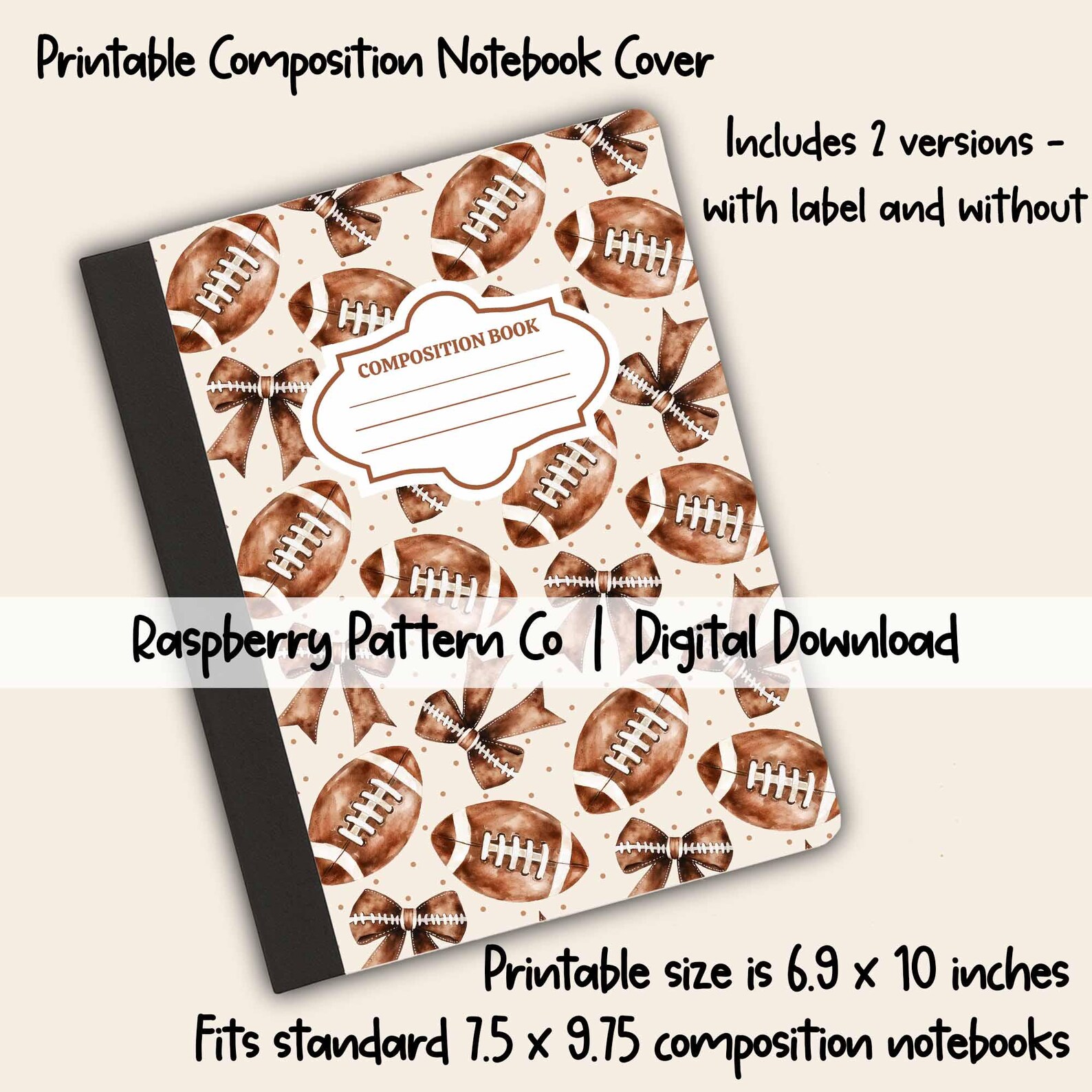 Printable Composition Notebook Cover PNG, Coquette Football Bows ...