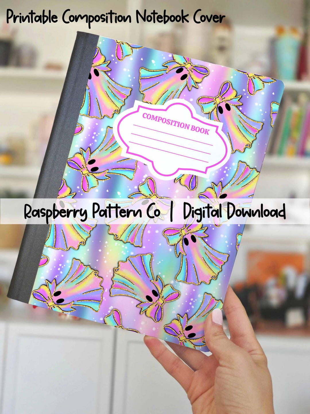 Printable Composition Notebook Cover PNG, Coquette Iridescent Ghost ...