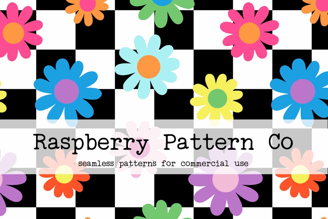 Retro Rainbow Daisy Floral Checker Seamless Pattern for Commercial Use ...