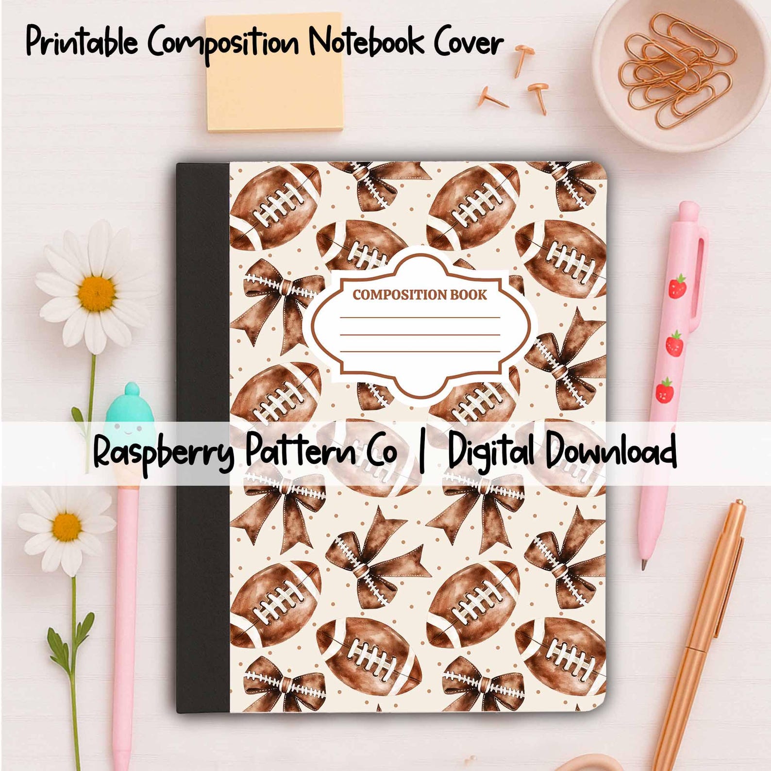 Printable Composition Notebook Cover PNG, Coquette Football Bows ...
