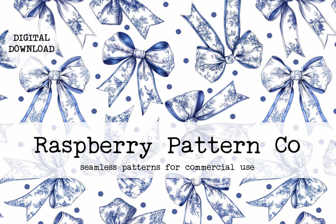 Blue Toile Christmas Bows Seamless Pattern, Chinoiserie Christmas Bow ...