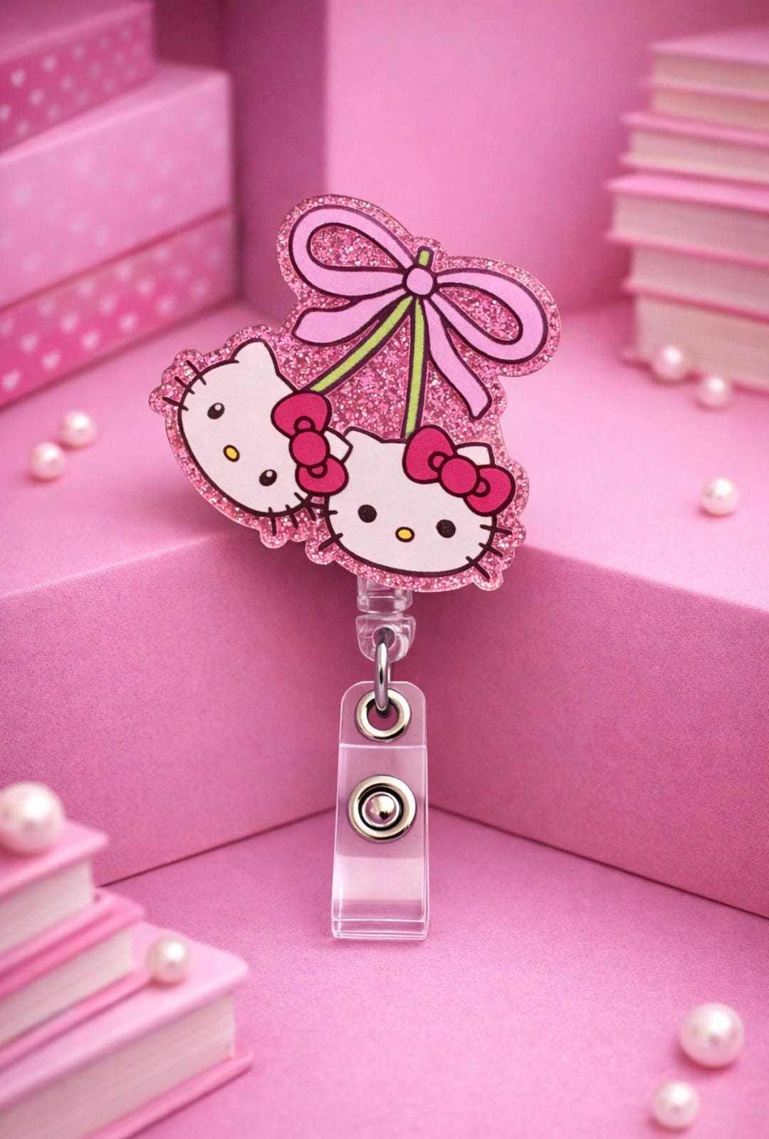 Pink Hello Kitty Badge Reel | Cherry Badge Reel | Bowtie Girly Badge ...